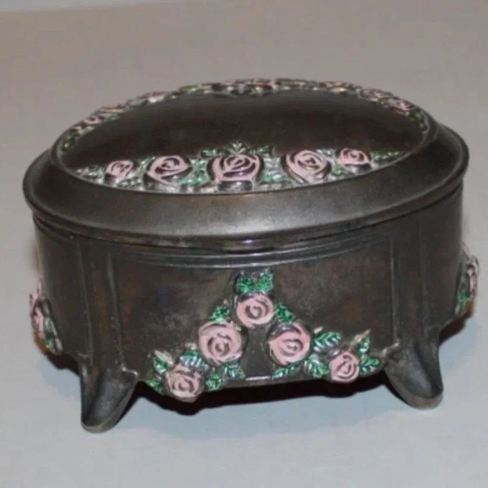 Accents | Vintage Metal Footed Pink Rose Trinket Jewelry Box Red Velvet ...